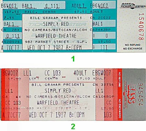 Simply Red Vintage Concert Vintage Ticket from Warfield Theatre, Oct 7 ...