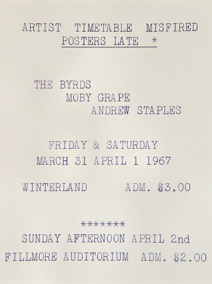 The Byrds Vintage Concert Handbill from Winterland, Apr 1, 1967 at ...