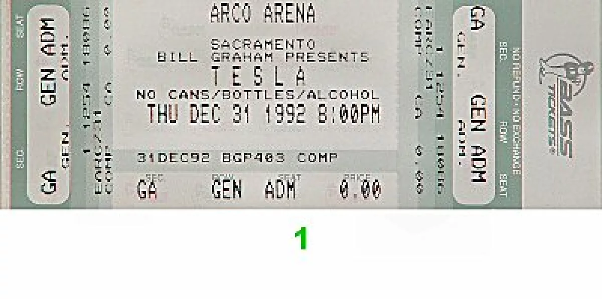 Tesla Vintage Concert Vintage Ticket from Arco Arena, Dec 31, 1992 at ...