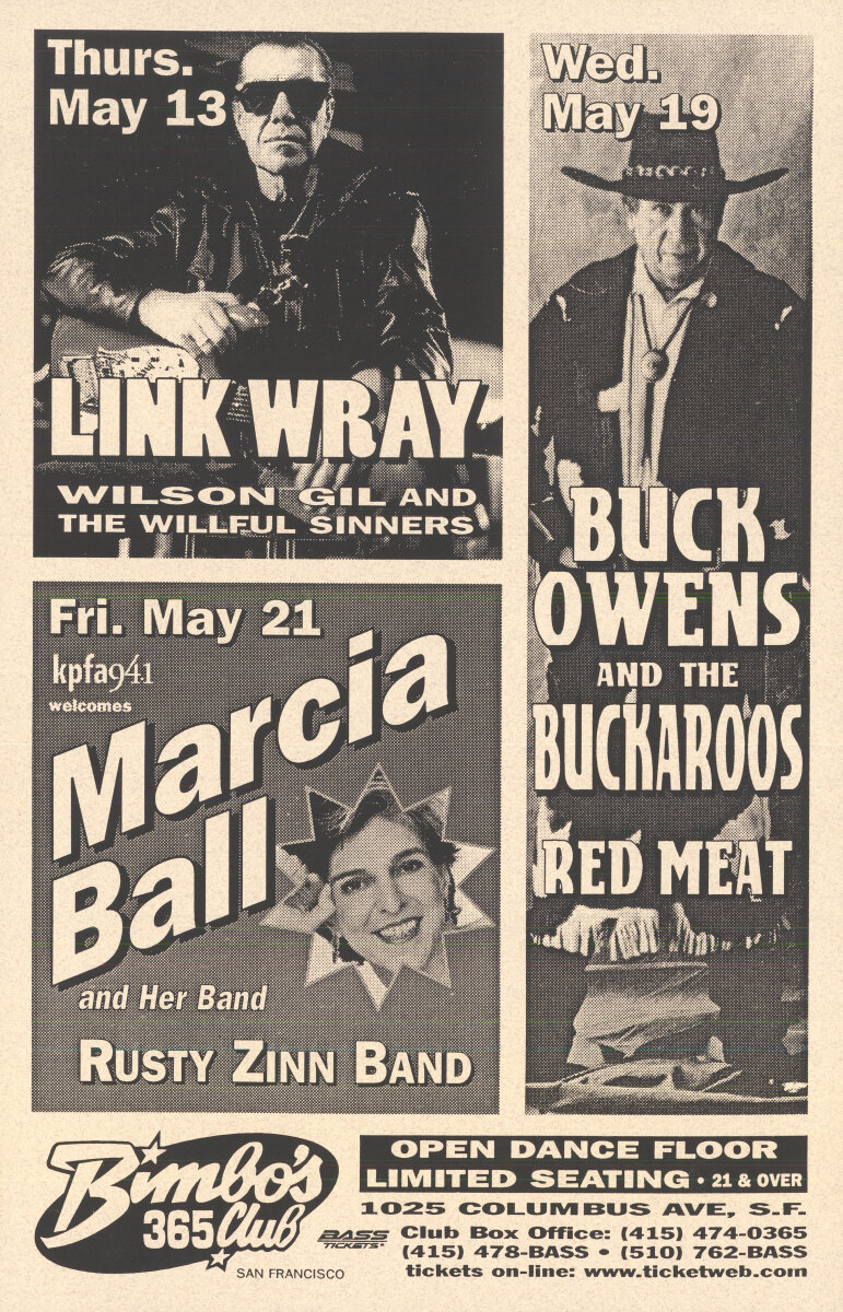 Link Wray Vintage Concert Handbill from Bimbo's 365, May 13, 1999 at ...