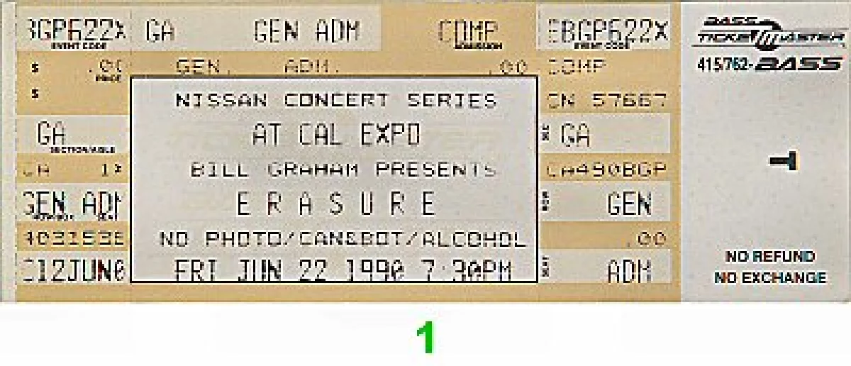 Erasure Vintage Concert Vintage Ticket from Cal Expo Amphitheater, Jun ...