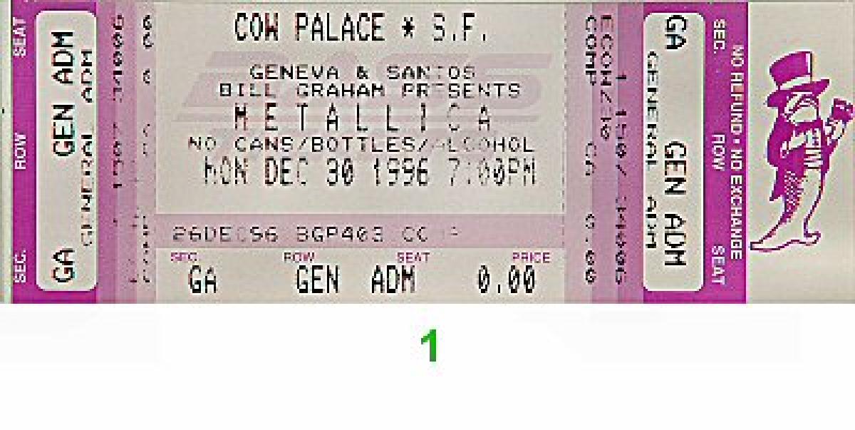 Metallica Vintage Concert Vintage Ticket from Cow Palace, Dec 30, 1996 ...