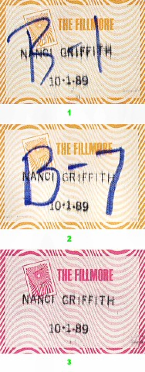 Nanci Griffith Backstage Pass from Fillmore Auditorium, Oct 1, 1989 at ...