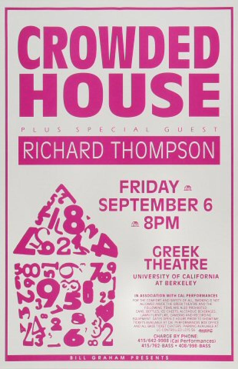 Crowded House Vintage Concert Poster from Greek Theatre, Sep 6, 1991 at ...