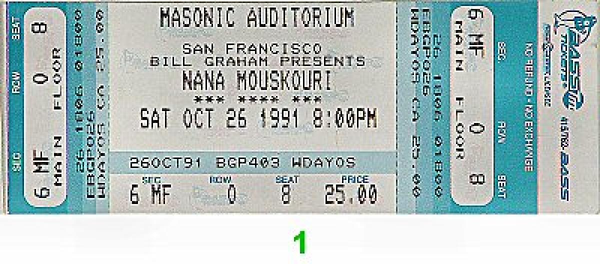 Nana Mouskouri Vintage Concert Vintage Ticket from Masonic Auditorium ...