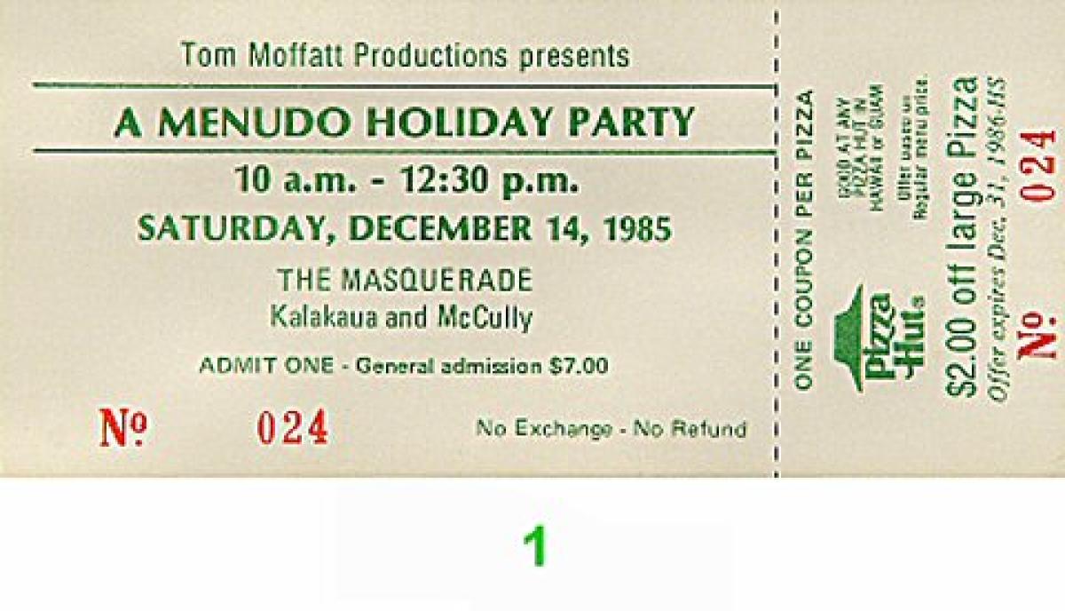 Menudo Vintage Concert Vintage Ticket from Masquerade Honolulu, Dec 14 ...