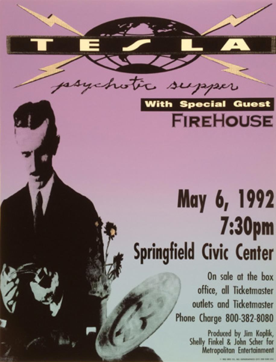 Tesla Vintage Concert Poster from Springfield Civic Center, May 6, 1992 ...