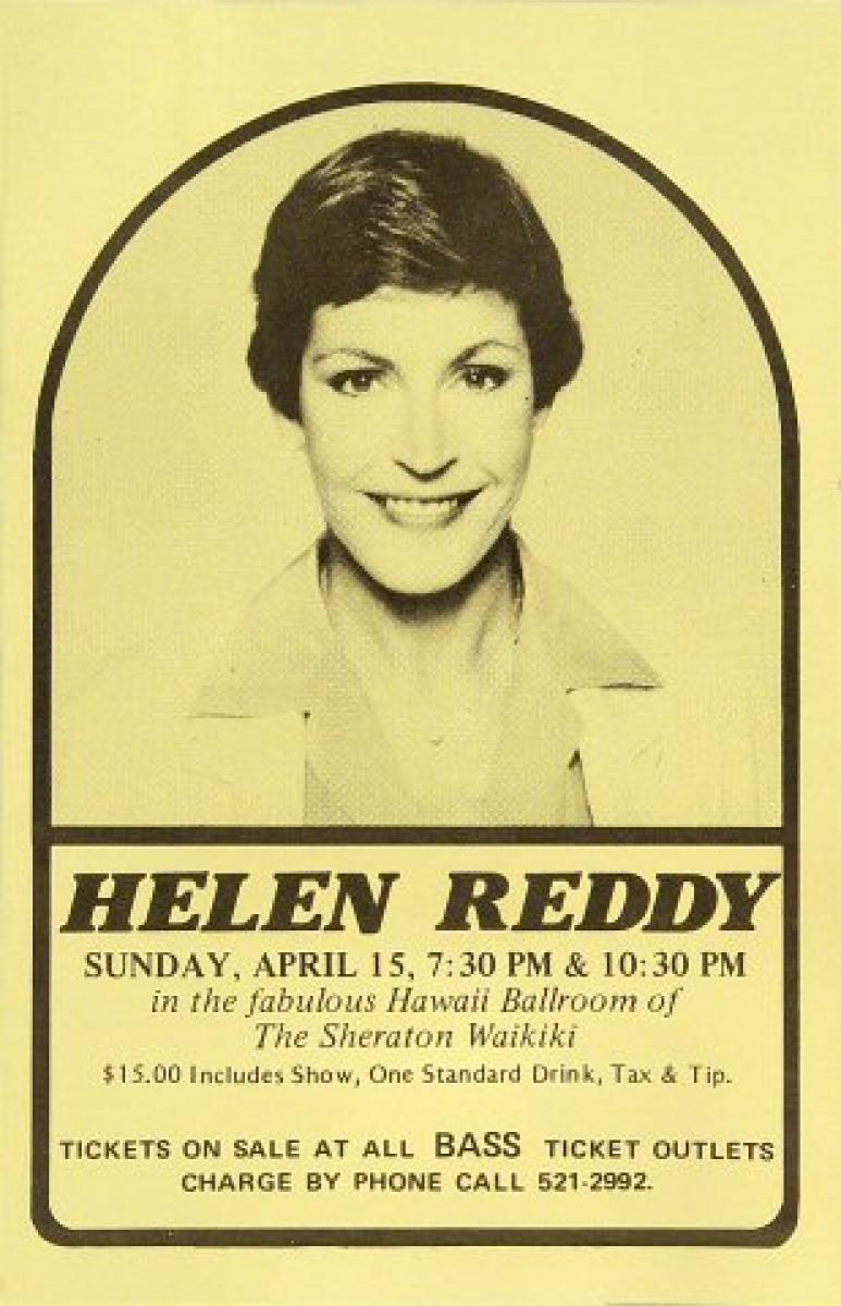 Helen Reddy Vintage Concert Handbill from Sheraton Waikiki Hotel, Apr ...