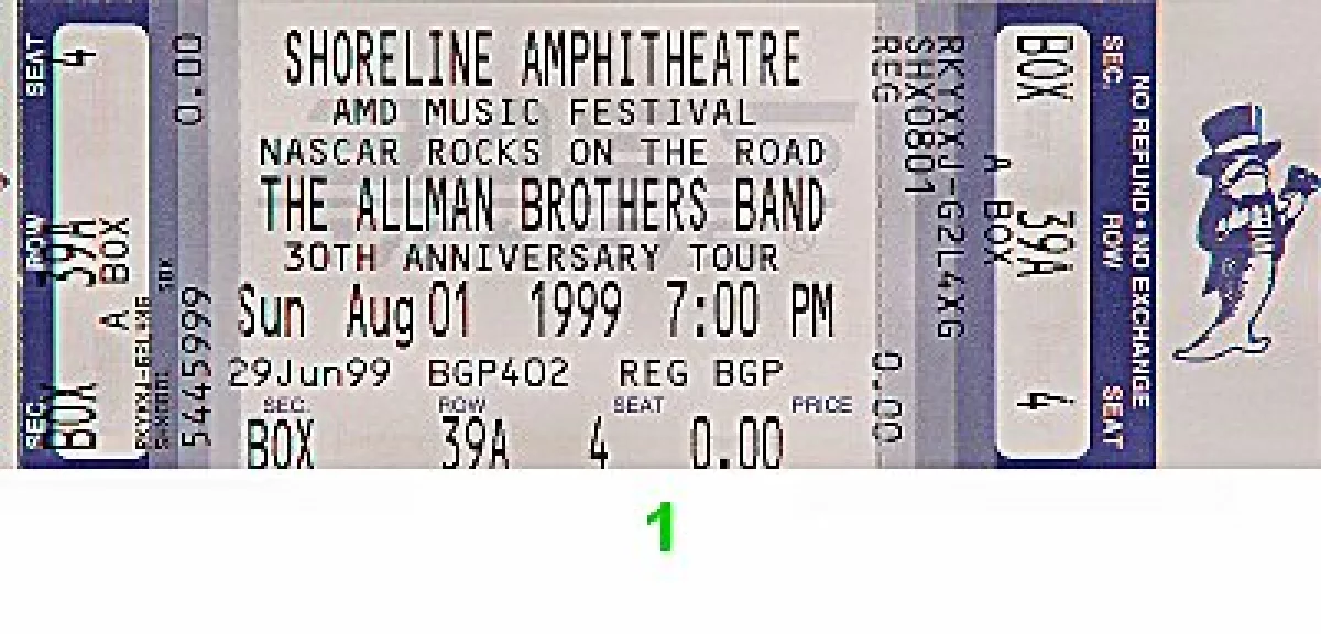 The Allman Brothers Band Vintage Concert Vintage Ticket from Shoreline ...