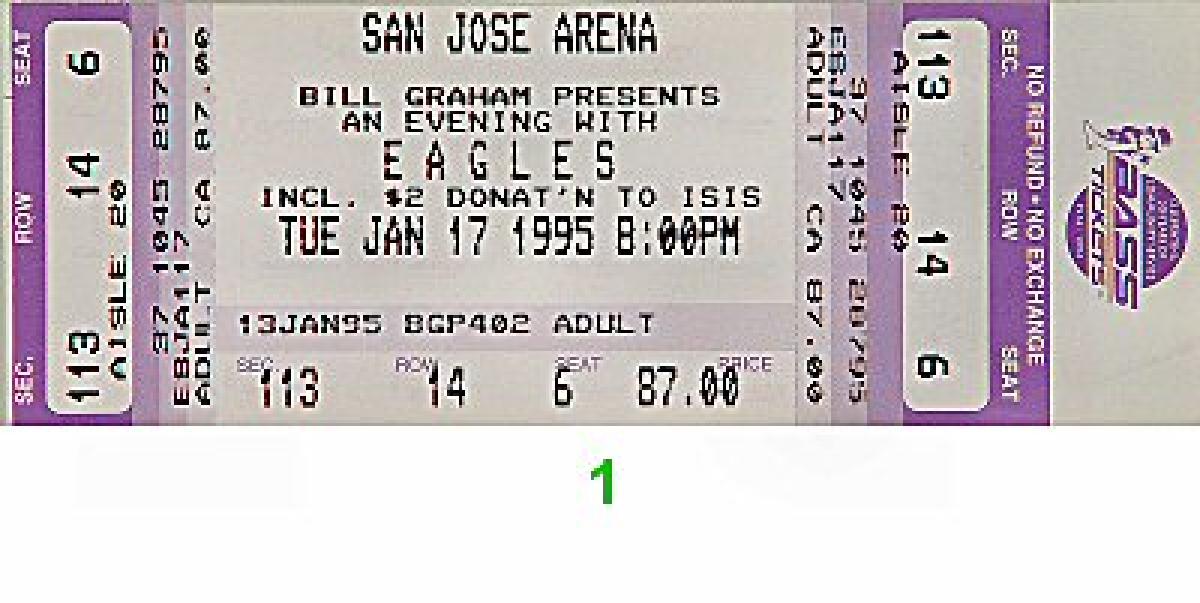 The Eagles Vintage Concert Vintage Ticket from San Jose Arena, Jan 17 ...