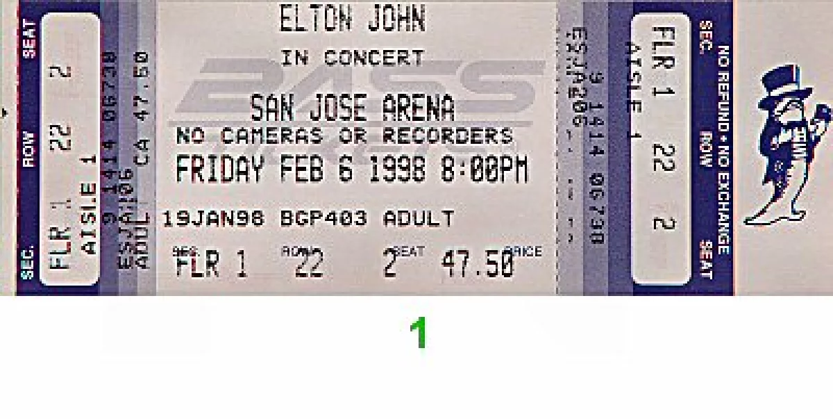 Elton John Vintage Concert Vintage Ticket From San Jose Arena Feb 6 1998 At Wolfgangs