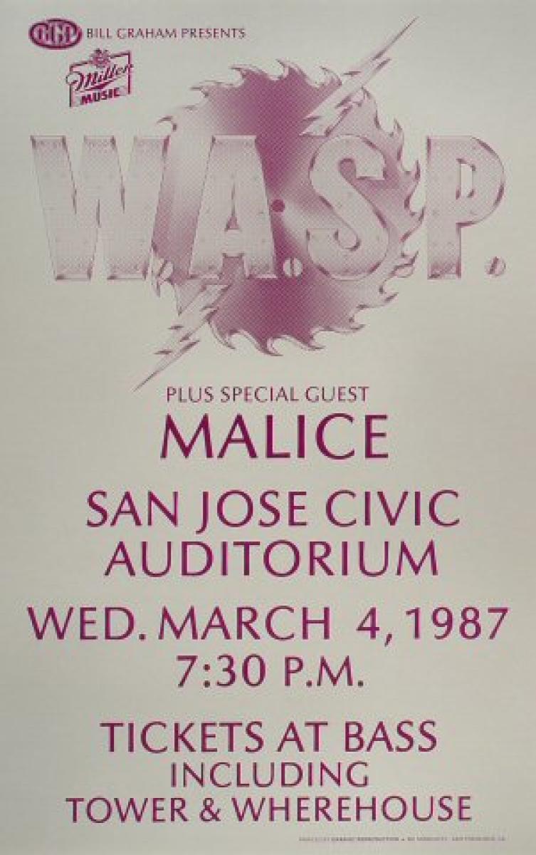 W.A.S.P. Vintage Concert Poster from San Jose Civic Auditorium, Mar 4 ...