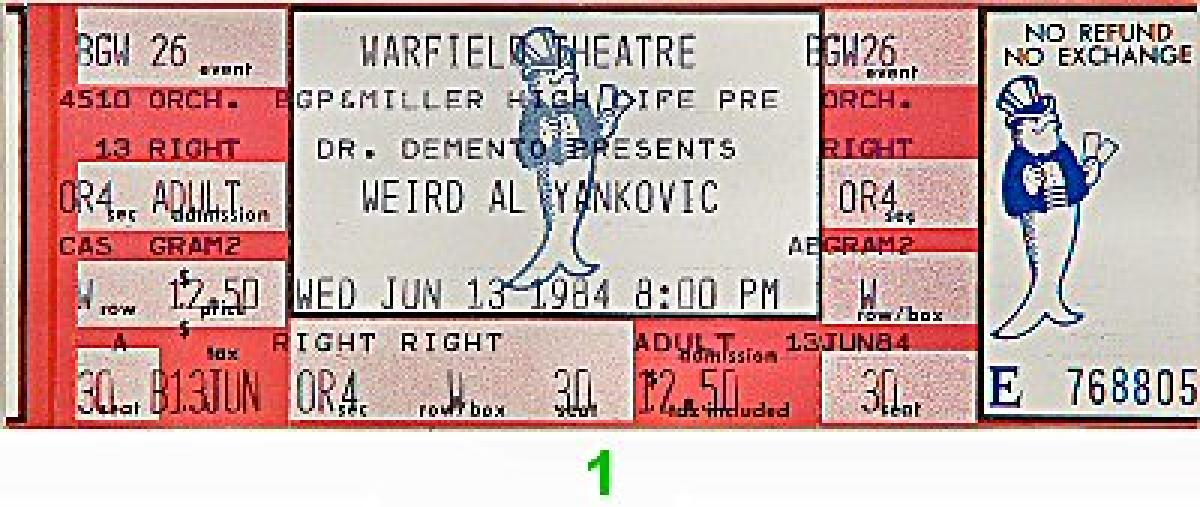 Weird Al Yankovic Vintage Concert Vintage Ticket from Warfield Theatre ...
