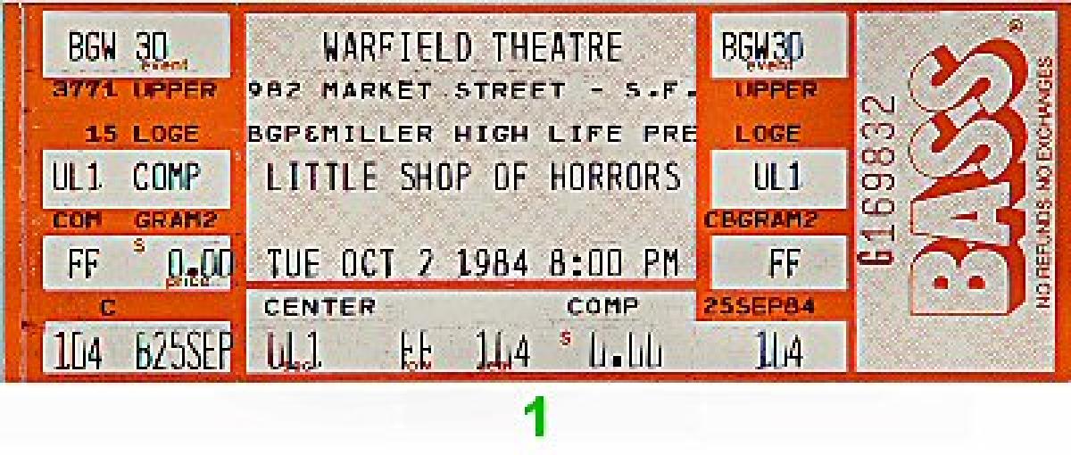 Little Shop of Horrors Vintage Concert Vintage Ticket from Warfield ...