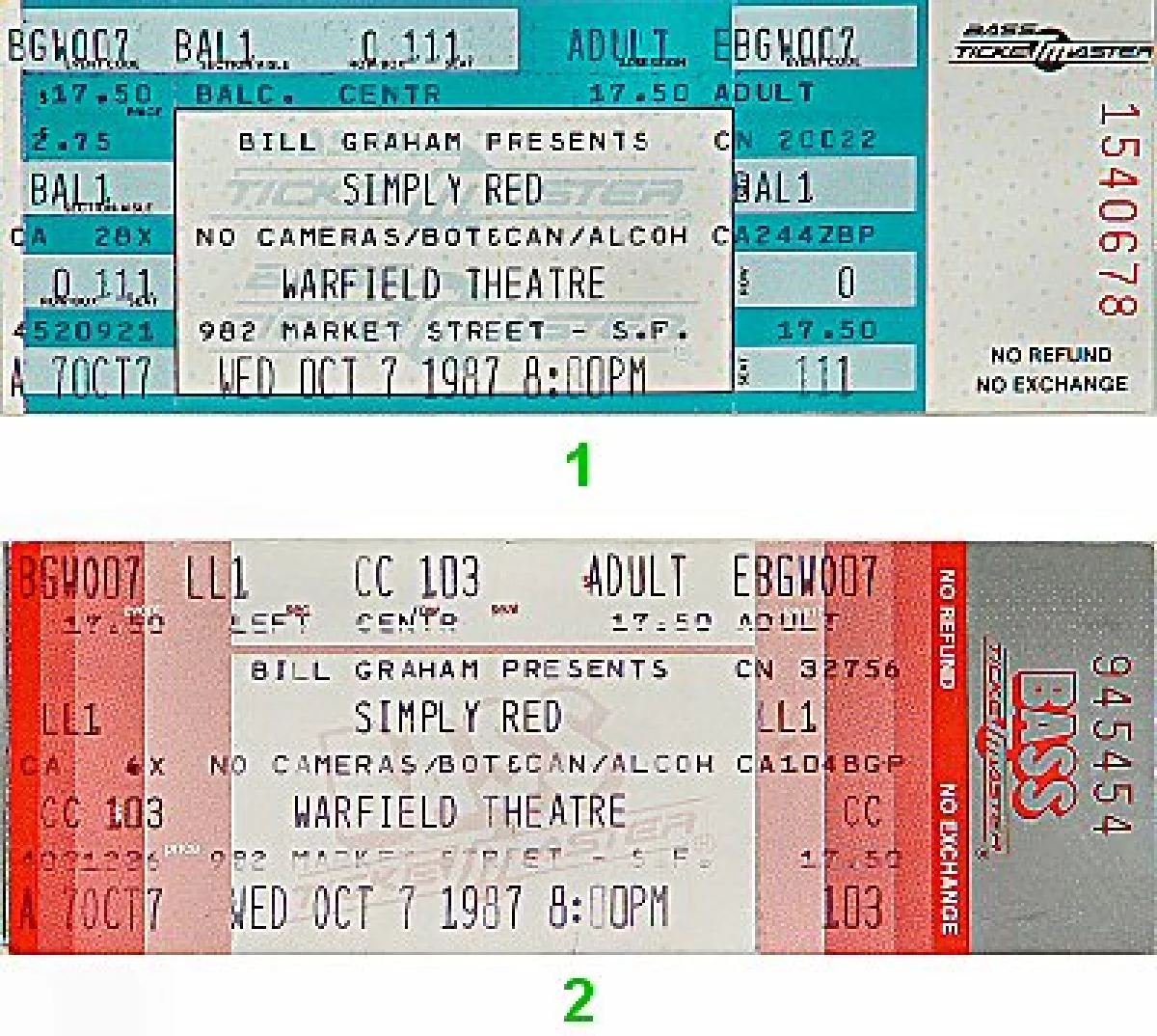 Simply Red Vintage Concert Vintage Ticket from Warfield Theatre, Oct 7 ...
