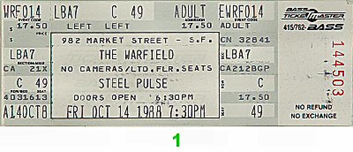 Steel Pulse Vintage Concert Vintage Ticket from Warfield Theatre, Oct ...