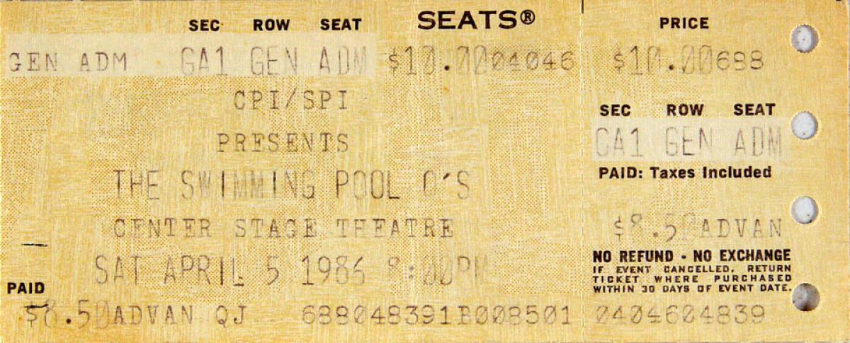 Swimming Pool Q's Vintage Concert Vintage Ticket, Apr 5, 1986 at Wolfgang's