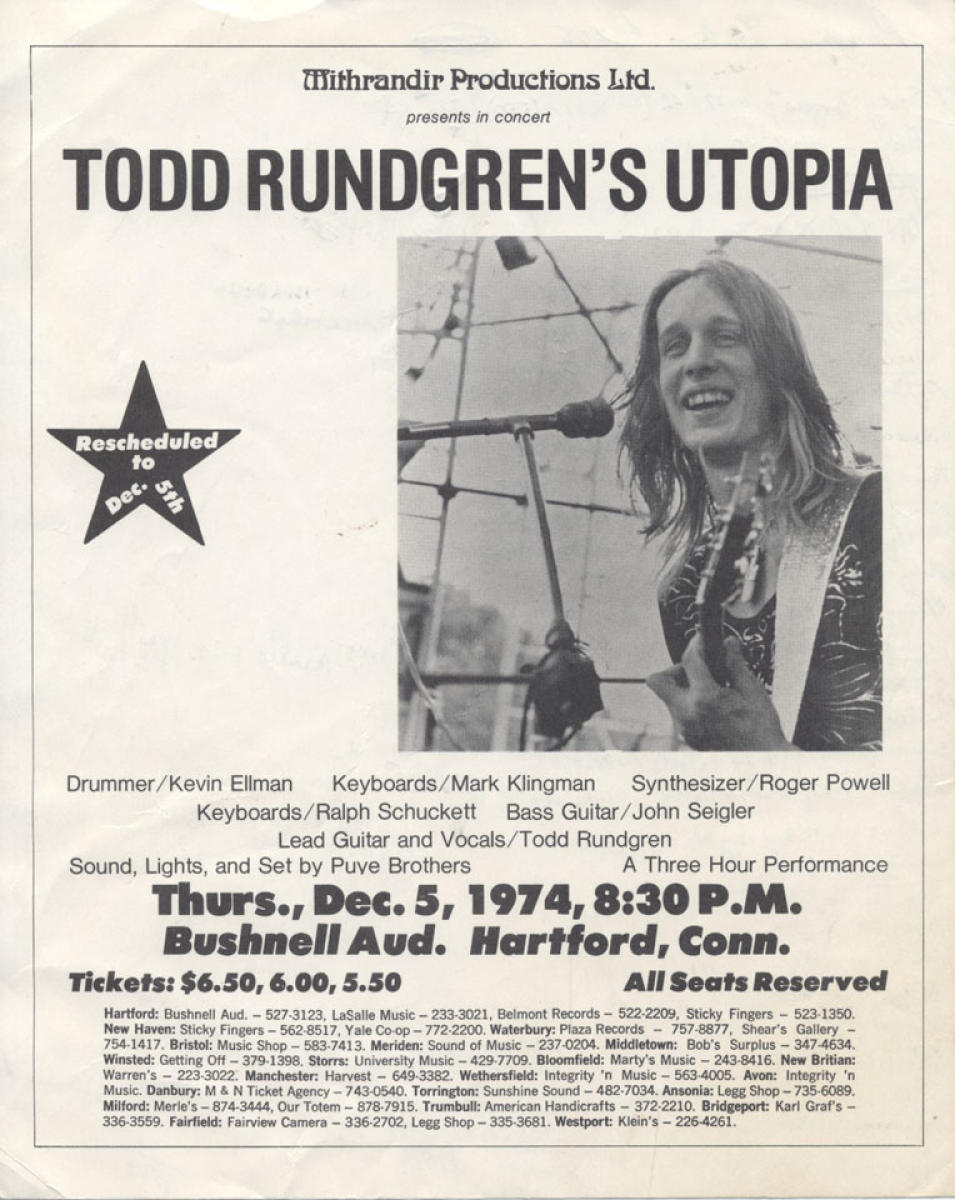 Todd Rundgren Vintage Concert Handbill from Bushnell Memorial ...