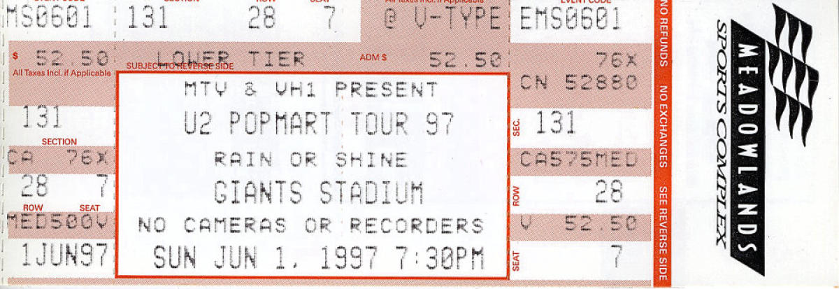 U2 Vintage Concert Vintage Ticket from Giants Stadium, Jun 1, 1997 at ...