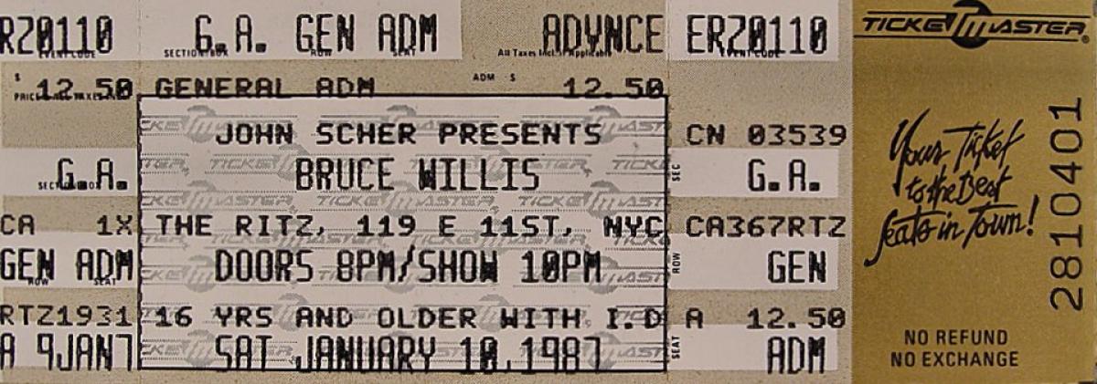 Bruce Willis Vintage Concert Vintage Ticket from Ritz, Jan 10, 1987 at ...