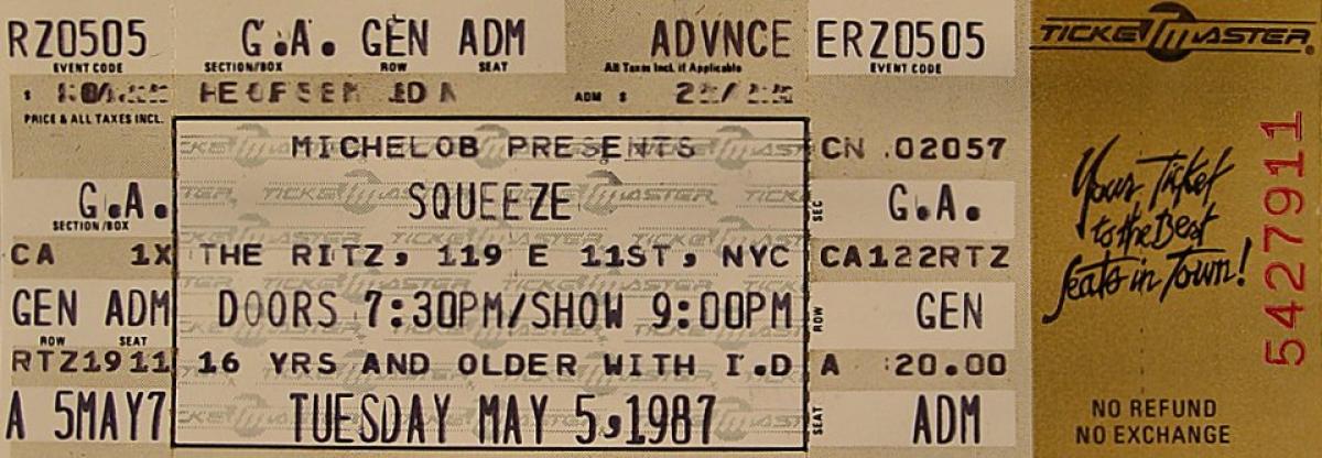 Squeeze Vintage Concert Vintage Ticket from Ritz, May 5, 1987 at Wolfgang's