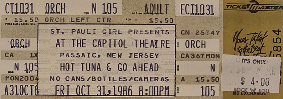Hot Tuna Vintage Concert Vintage Ticket from Capitol Theatre, Oct 31 ...
