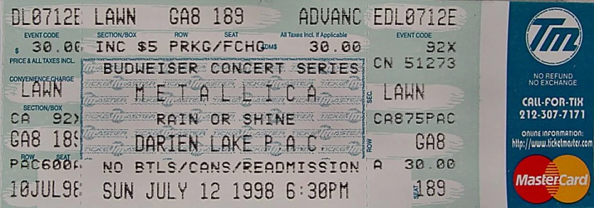 Metallica Vintage Concert Vintage Ticket from Darien Lake, Jul 12, 1998 ...